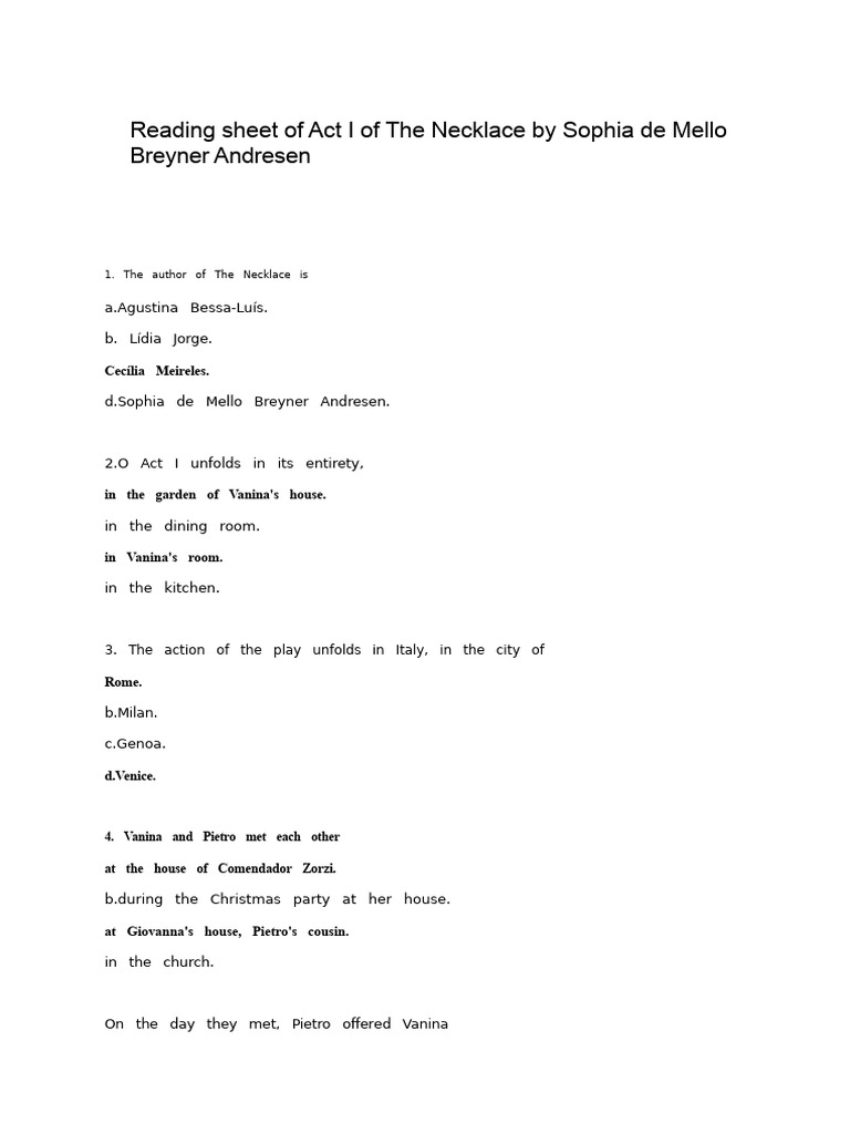 Reading Sheet For Act I of The Necklace by Sophia de Mello Breyner ...