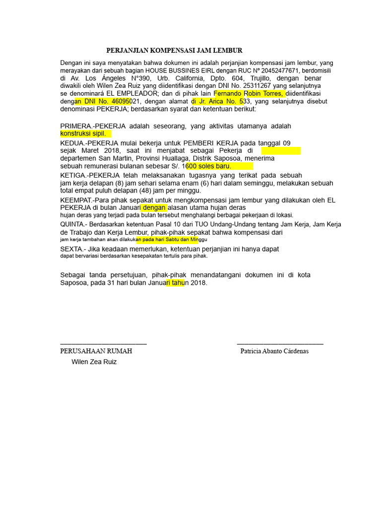 Perjanjian Jam Lembur | PDF