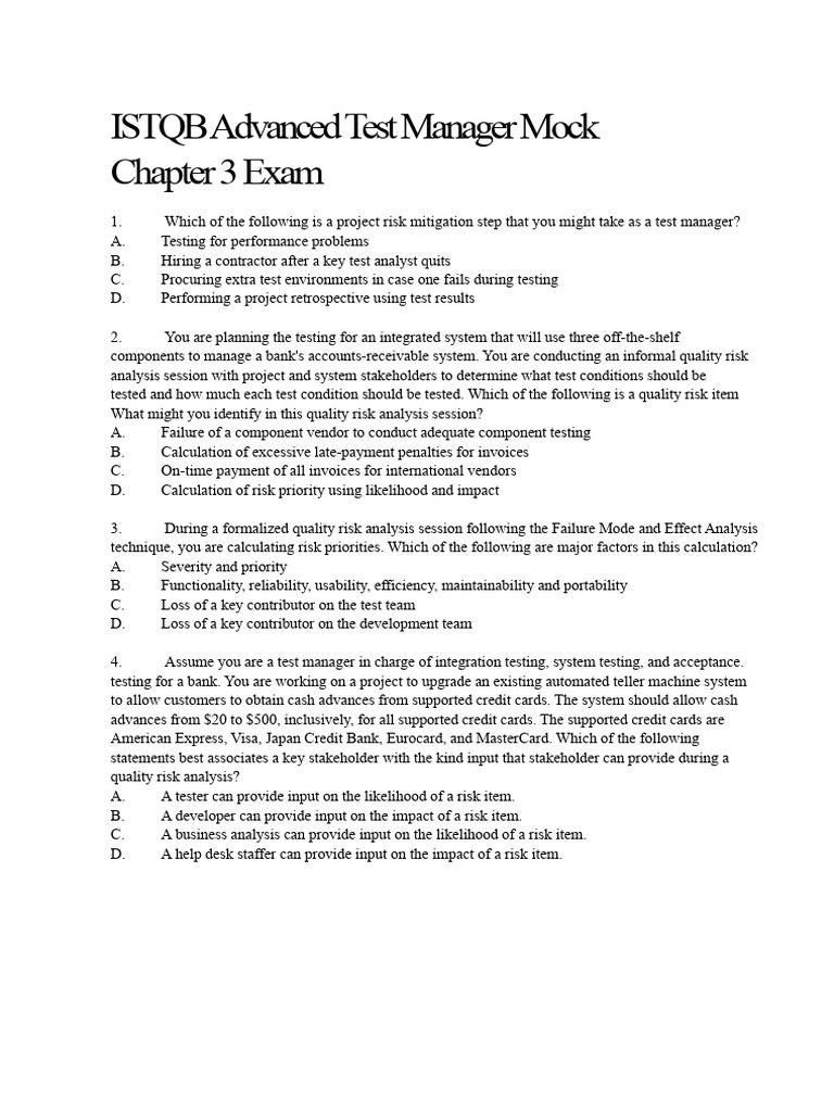 ISTQB Advanced Test Manager Mock Chapter 3 Exam | PDF | Credit Card ...