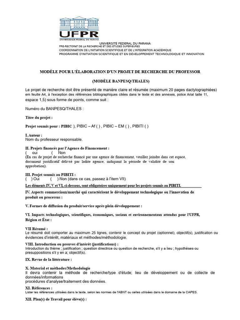 Modèle de Projet de Recherche UFPR | PDF
