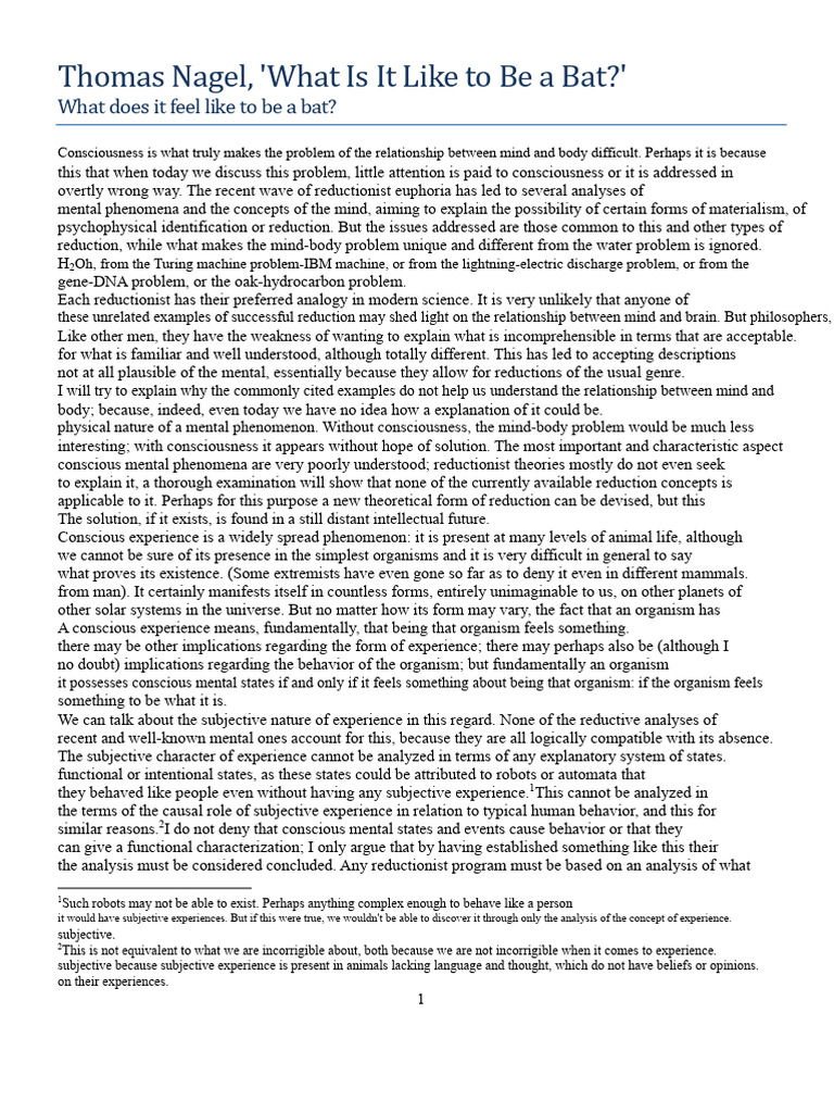 Nagel - What Is It Like To Be A Bat | PDF | Experience | Qualia