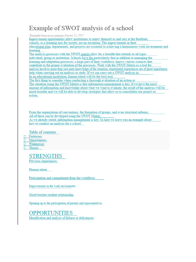 SWOT Analysis Example for Schools | PDF | Swot Analysis | Teachers