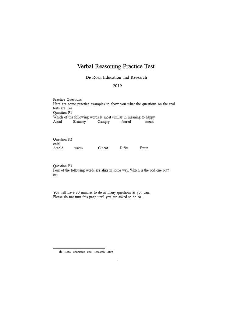 Selective School Verbal Reasoning Sample Test 1 - Year 9 Entry - (VIC ...