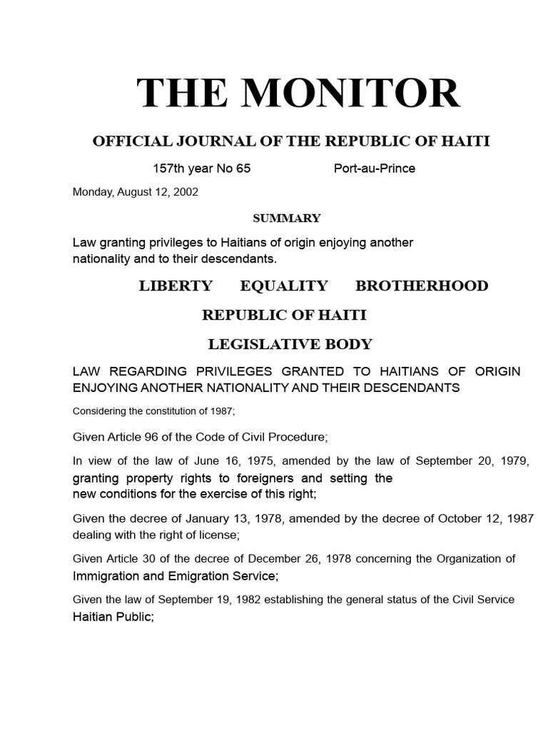 Law Granting Privileges To Haitians of Origin Who Hold Another Nationality and Their Descendants ...