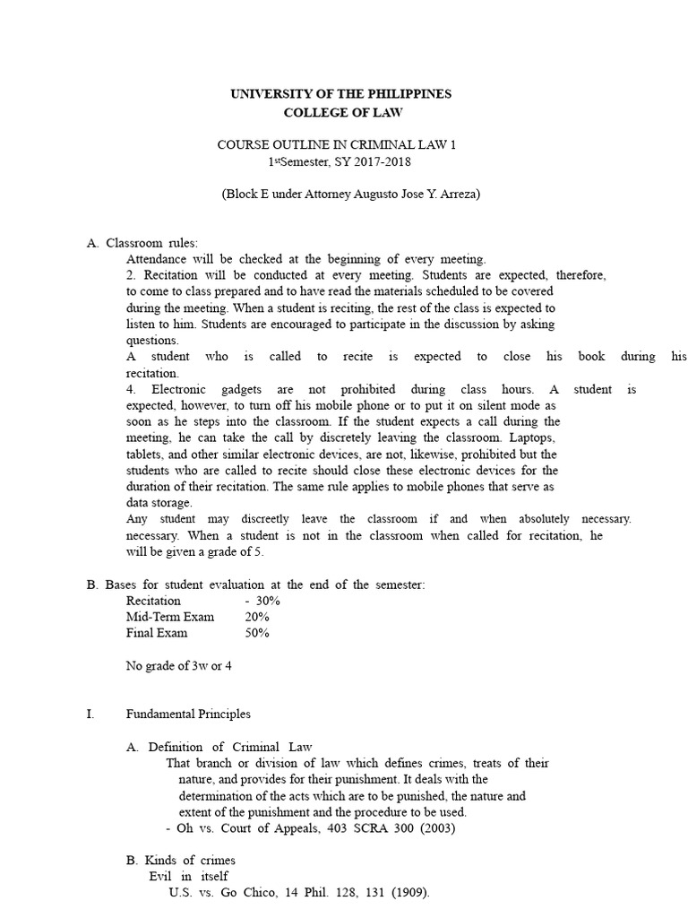 Criminal Law 1 Syllabus - Arreza | PDF | Criminal Law | Common Law