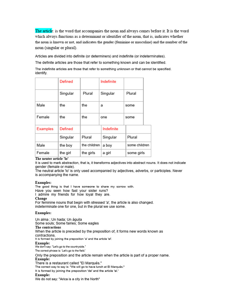 The Article, Singular, Plural | PDF | Grammatical Gender | Grammatical ...