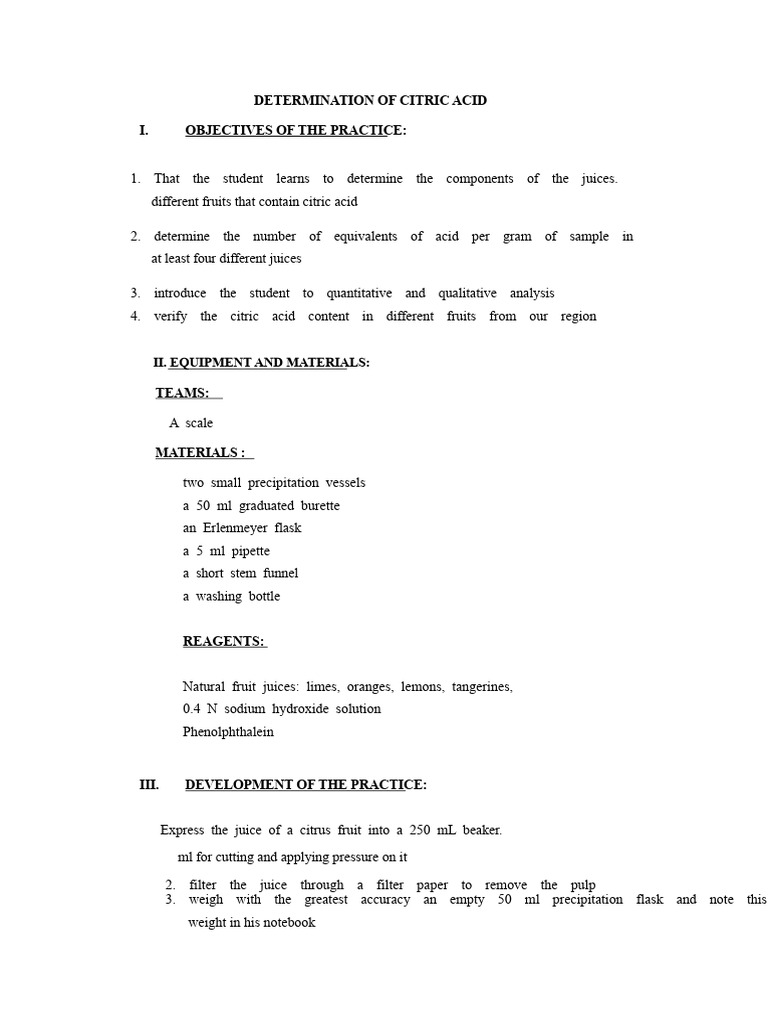 Assay of Citric Acid in Juices | PDF | Titration | Chemistry