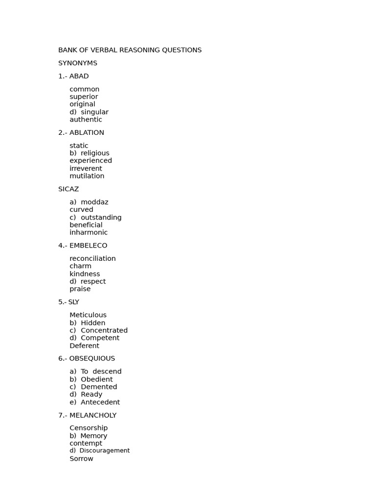 Question Bank of Verbal Reasoning | PDF