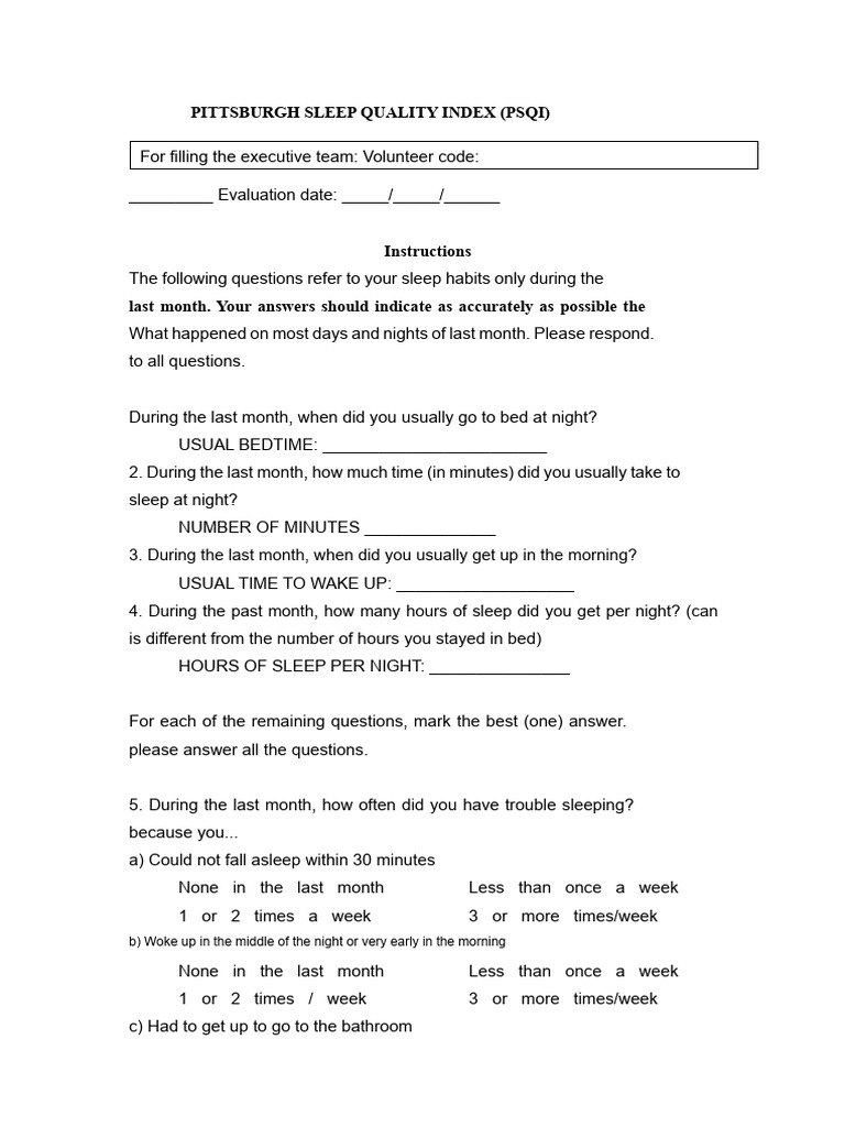 Pittsburgh Sleep Quality Index Questionnaire | PDF | Sleep | Questionnaire