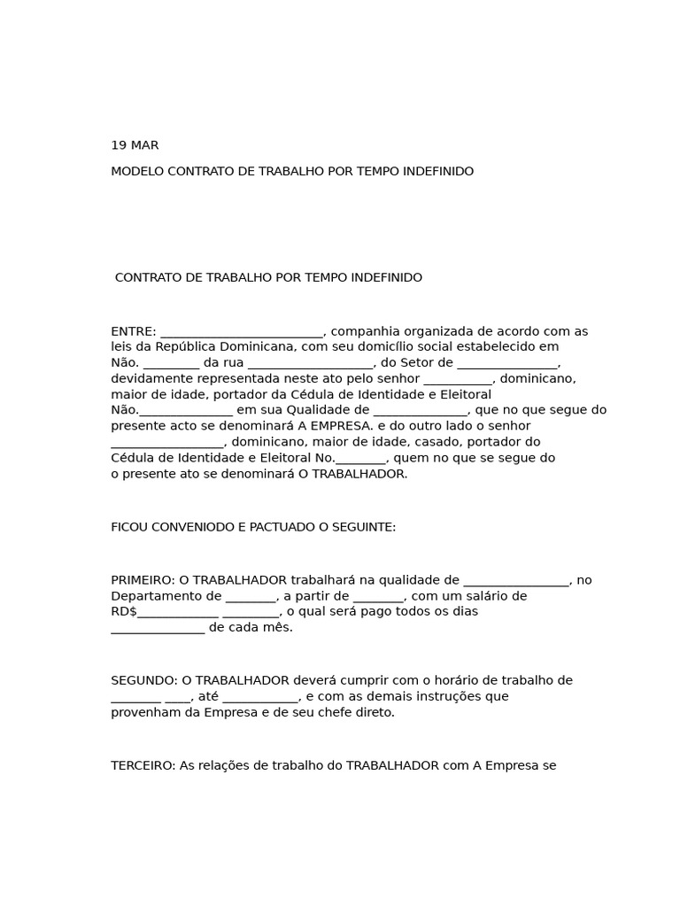 Modelo de Contrato de Trabalho por Tempo Indeterminado | PDF