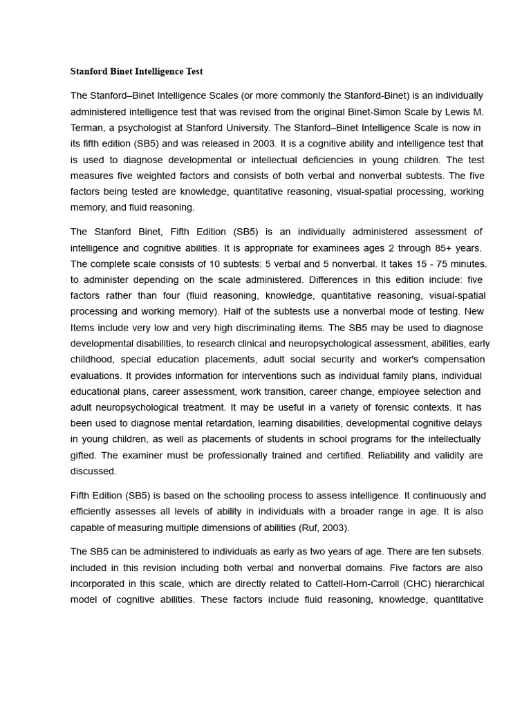 Stanford-Binet Intelligence Test Overview | PDF | Psychology ...