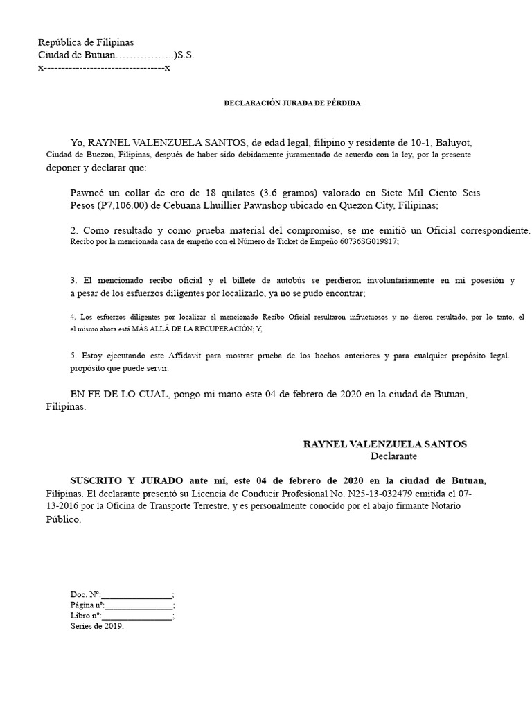 Declaración Jurada Personal de Recibo Oficial Perdido | PDF