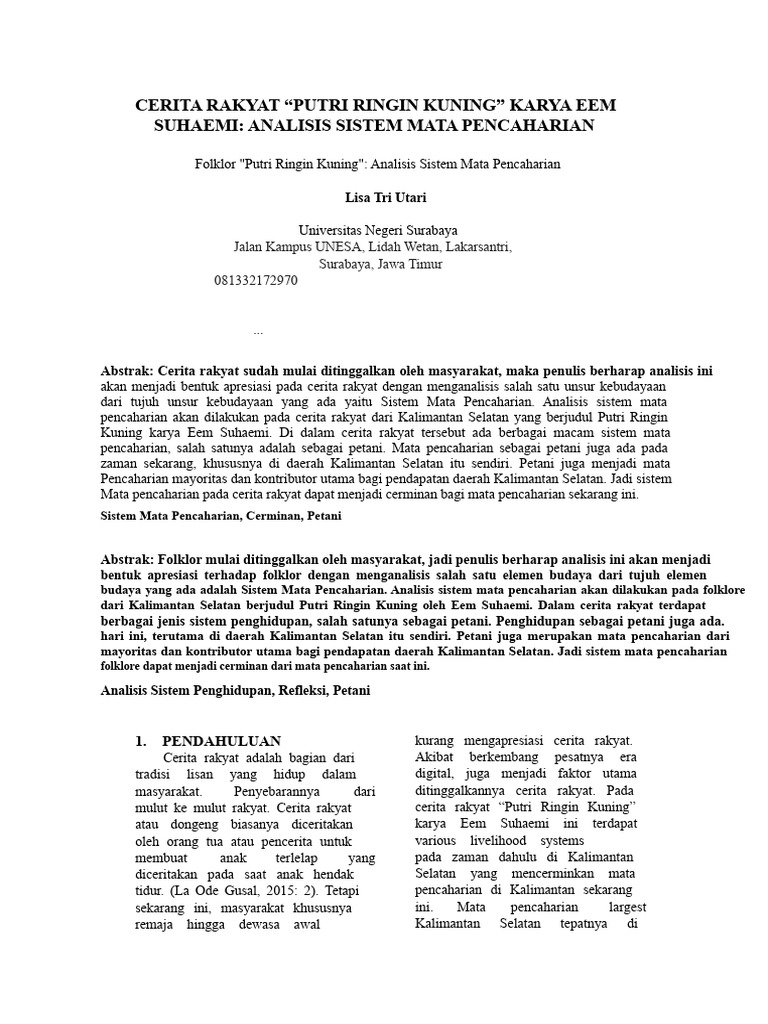 Cerita Rakyat "Putri Ringin Kuning" Karya Eem Suhaemi: Analisis Sistem ...
