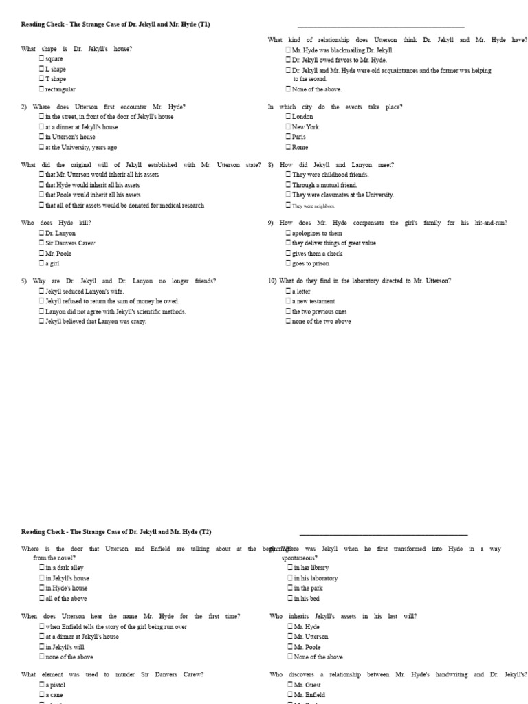 Jekyll and Hyde Reading Check Quiz | PDF | Strange Case Of Dr Jekyll ...