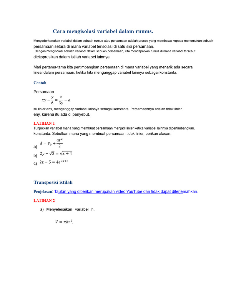 Mengisolasi Variabel dalam Rumus Matematis | PDF