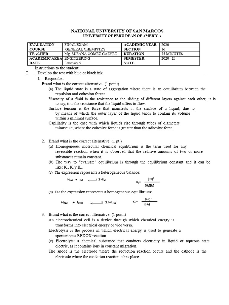 Final Chemistry Exam (Theory) | PDF | Redox | Electricity
