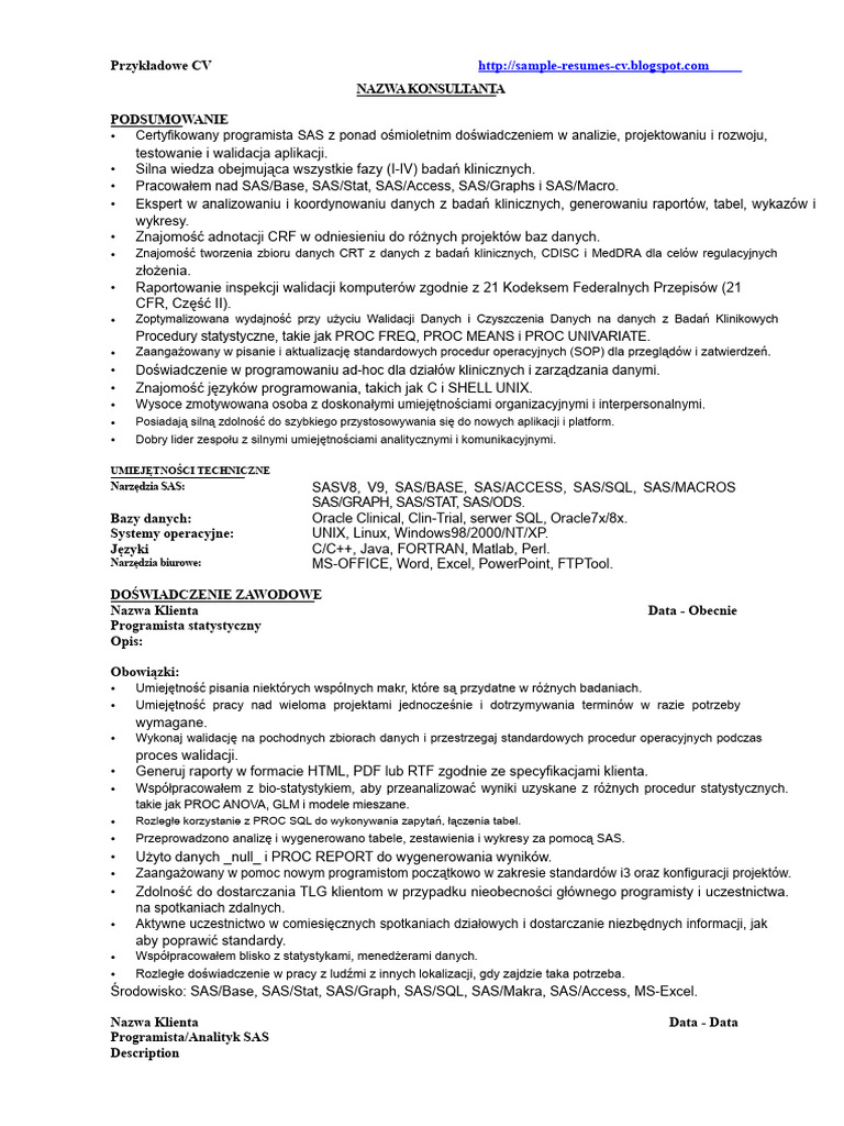Programista SAS - Przykładowe CV - Resume | PDF