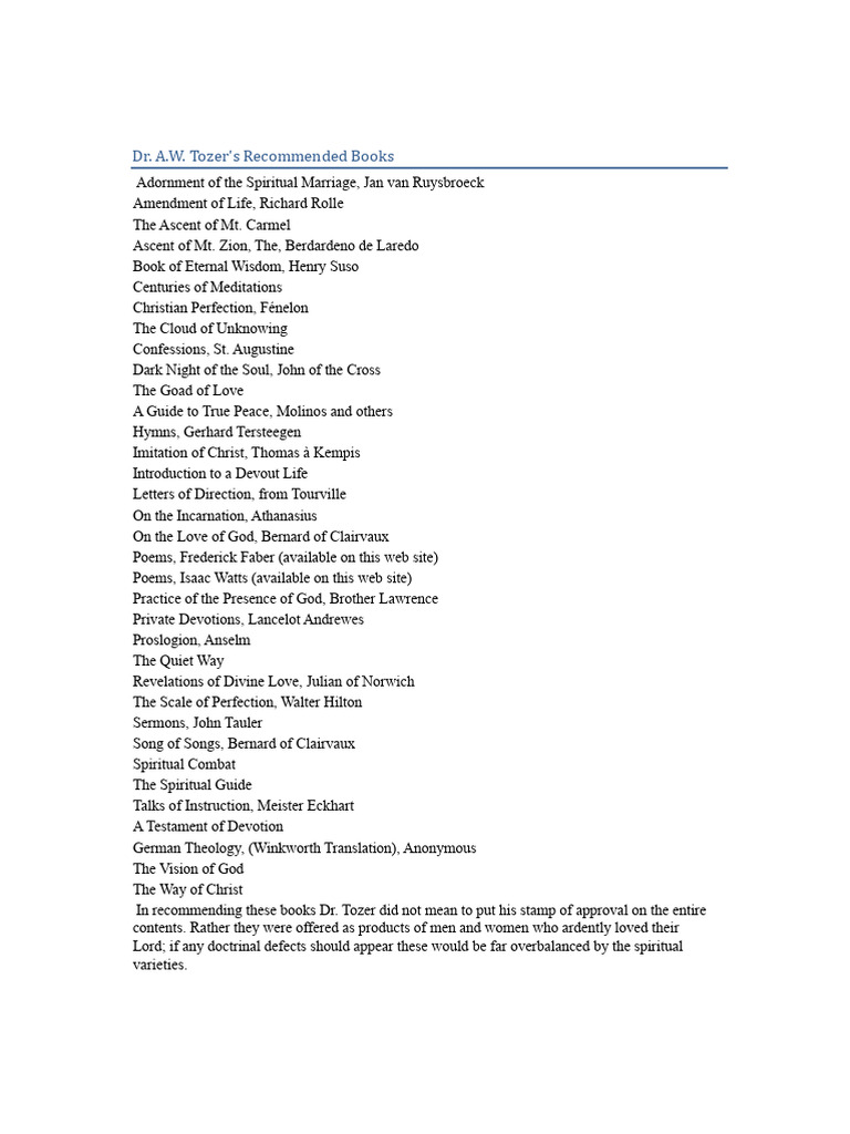 Tozer's Top Spiritual Book Recommendations | PDF