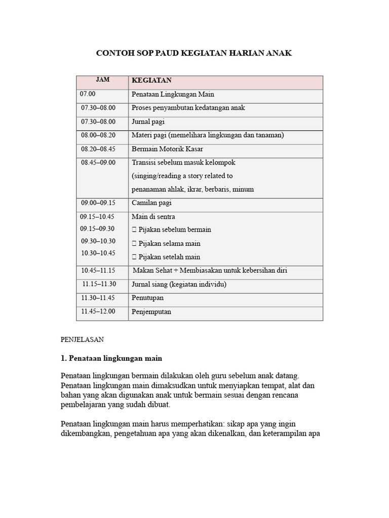 SOP Kegiatan Harian PAUD yang Efektif | PDF