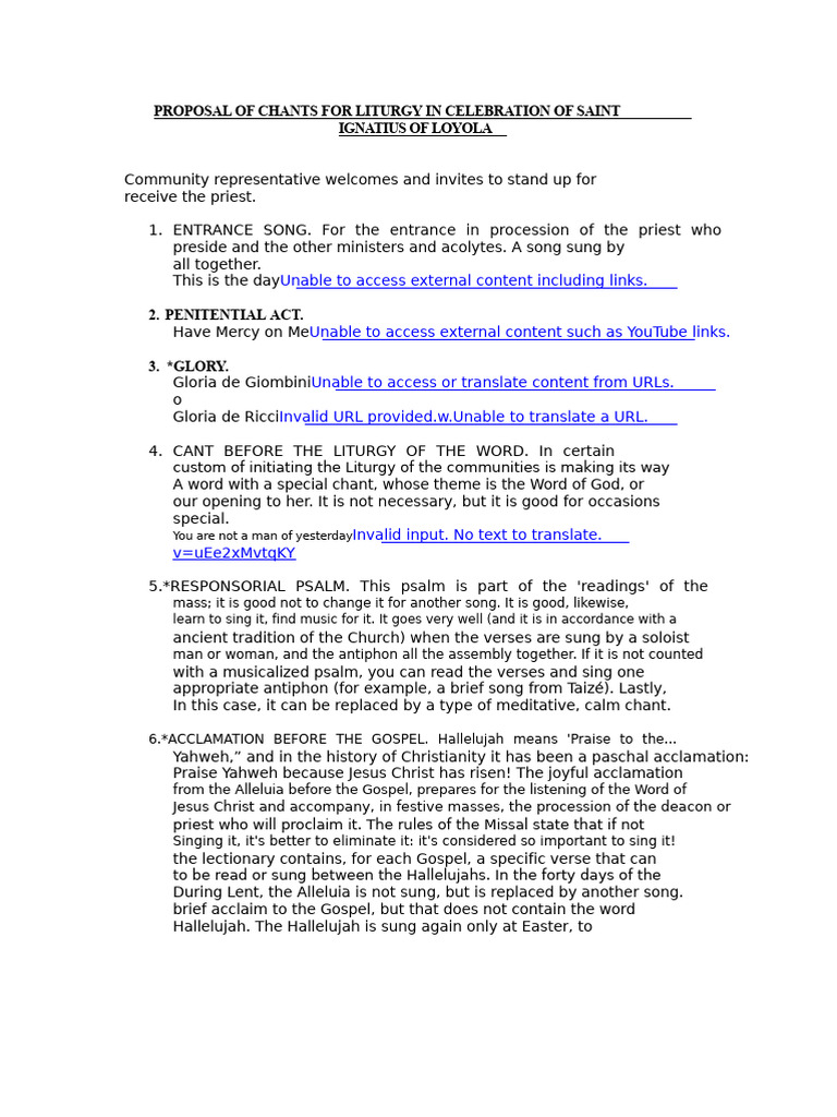 Proposal For Chants For Liturgy in Celebration of Saint Ignatius of ...