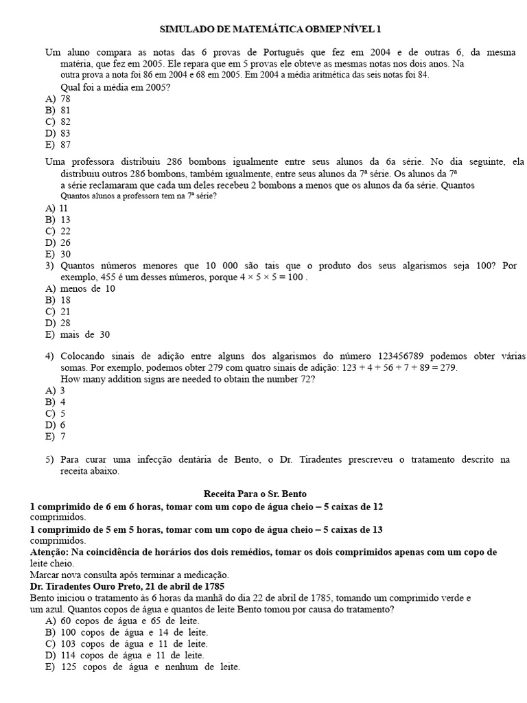 SIMULADO OBMEP NÍVEL 1 | PDF