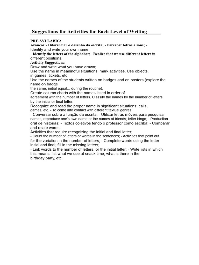 Writing Activity Suggestions by Level | PDF | Word | Writing