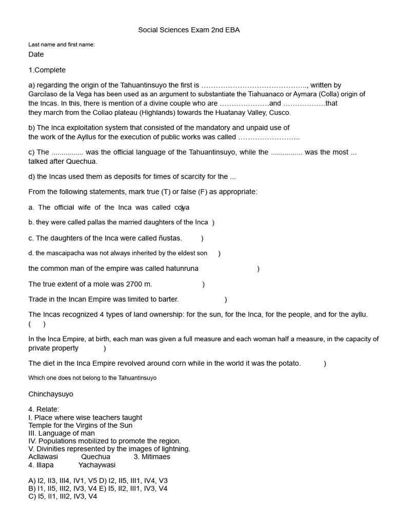 CC - Ss Exam Tahuantinsuyo 4 Pages 2nd EBA | PDF | Inca Empire | Peru