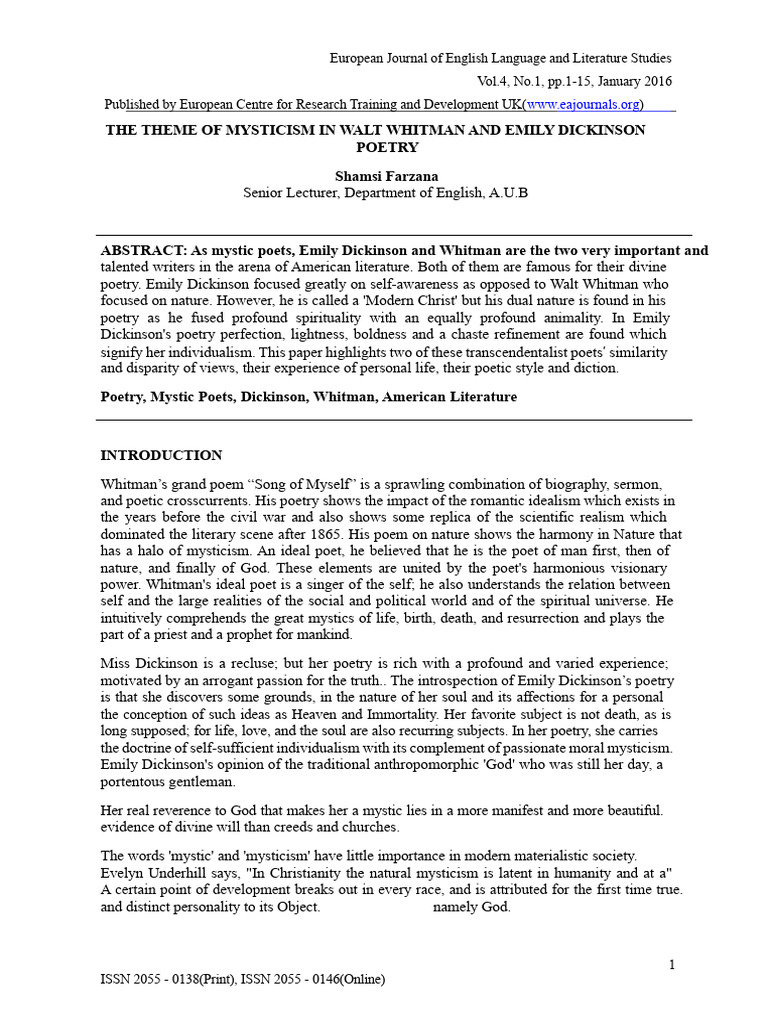Le Thème Du Mysticisme Dans La Poésie de Walt Whitman Et D'emily ...