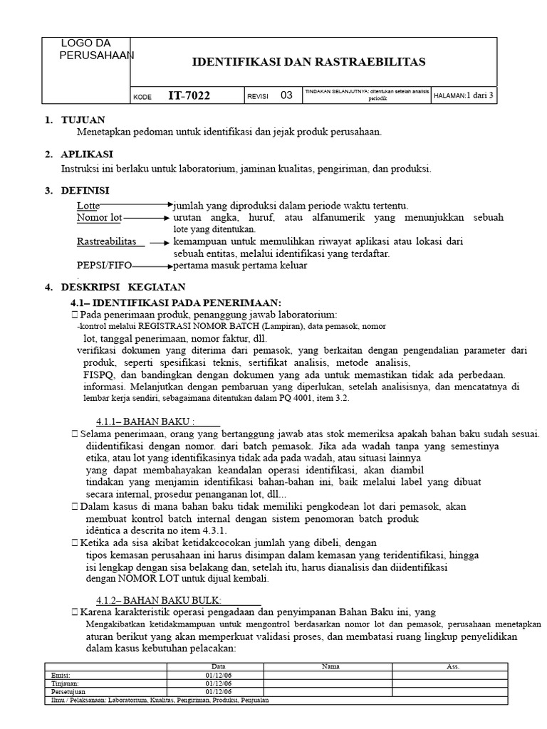 INSTRUKSI KERJA - Identifikasi Dan Pelacakan | PDF