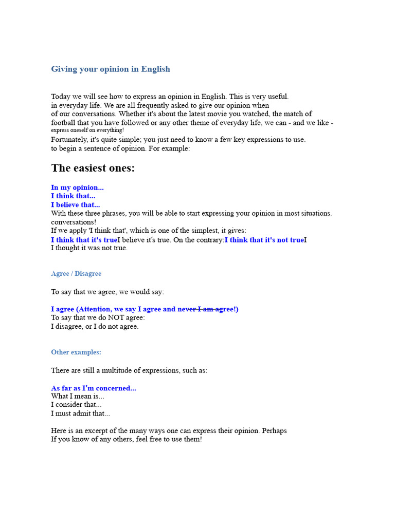 Giving One's Opinion in English | PDF