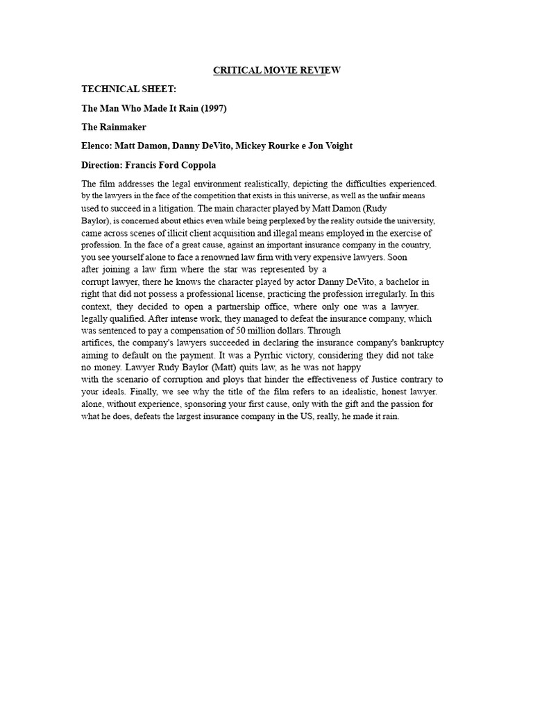 Critical Film Review - The Man Who Made It Rain | PDF