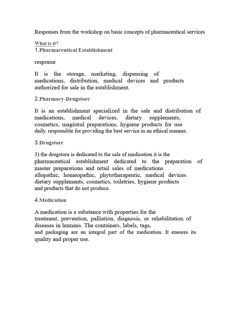 Answers From The Workshop On Basic Concepts of Pharmaceutical Services | PDF | Homeopathy | Pharmacy