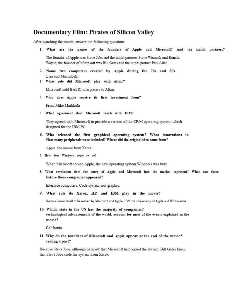 Questionnaire - Documentary Movie - Pirates of Silicon Valley | PDF ...