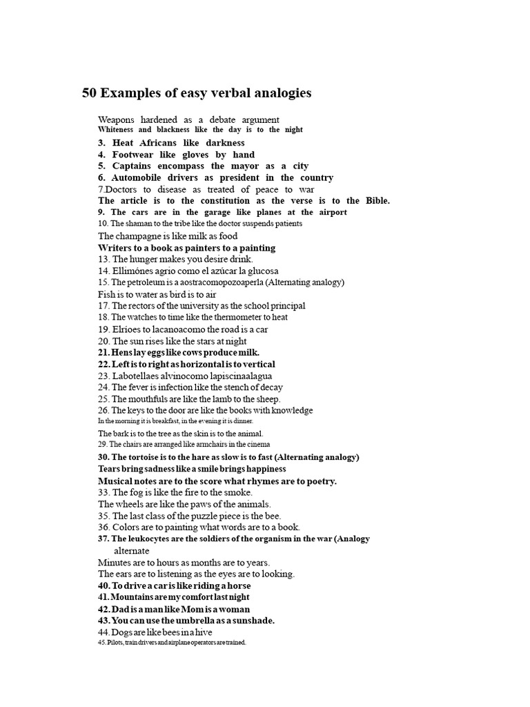50 Examples of Easy Verbal Analogies 123 | PDF