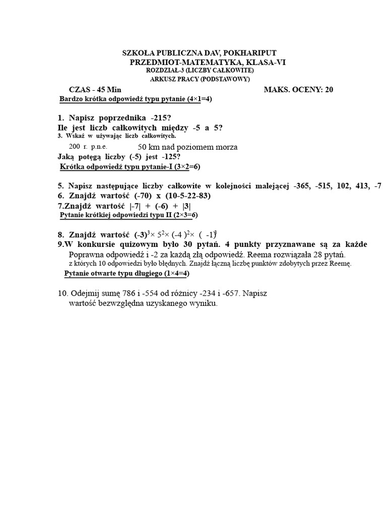 Klasa VI - ARKUSZ PRACY Z LICZB CAŁKOWITYCH | PDF