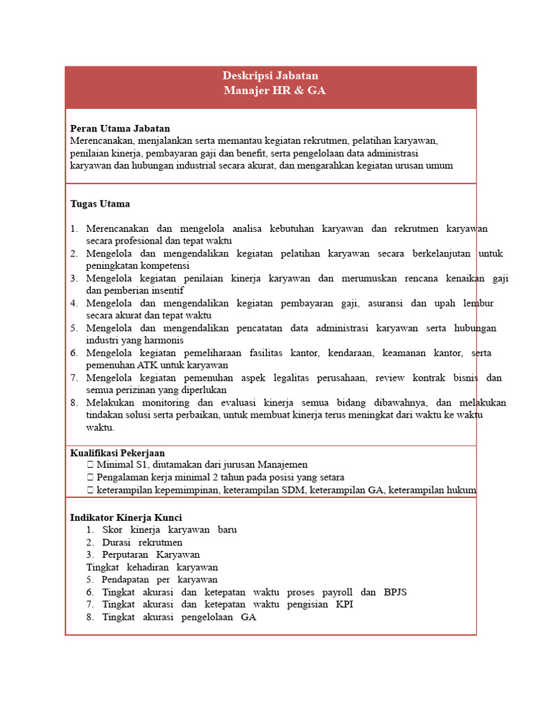Deskripsi Jabatan Manajer HR & GA | PDF