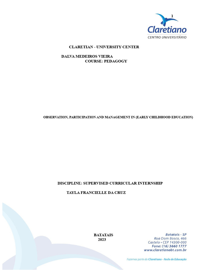 Internship Report of Early Childhood Education (1) Correction 1 | PDF | Pedagogy | Early ...