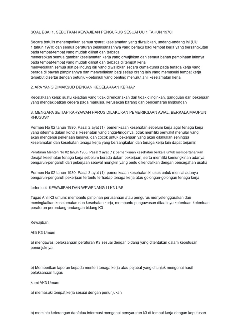 Soal Esai 1 K3 | PDF