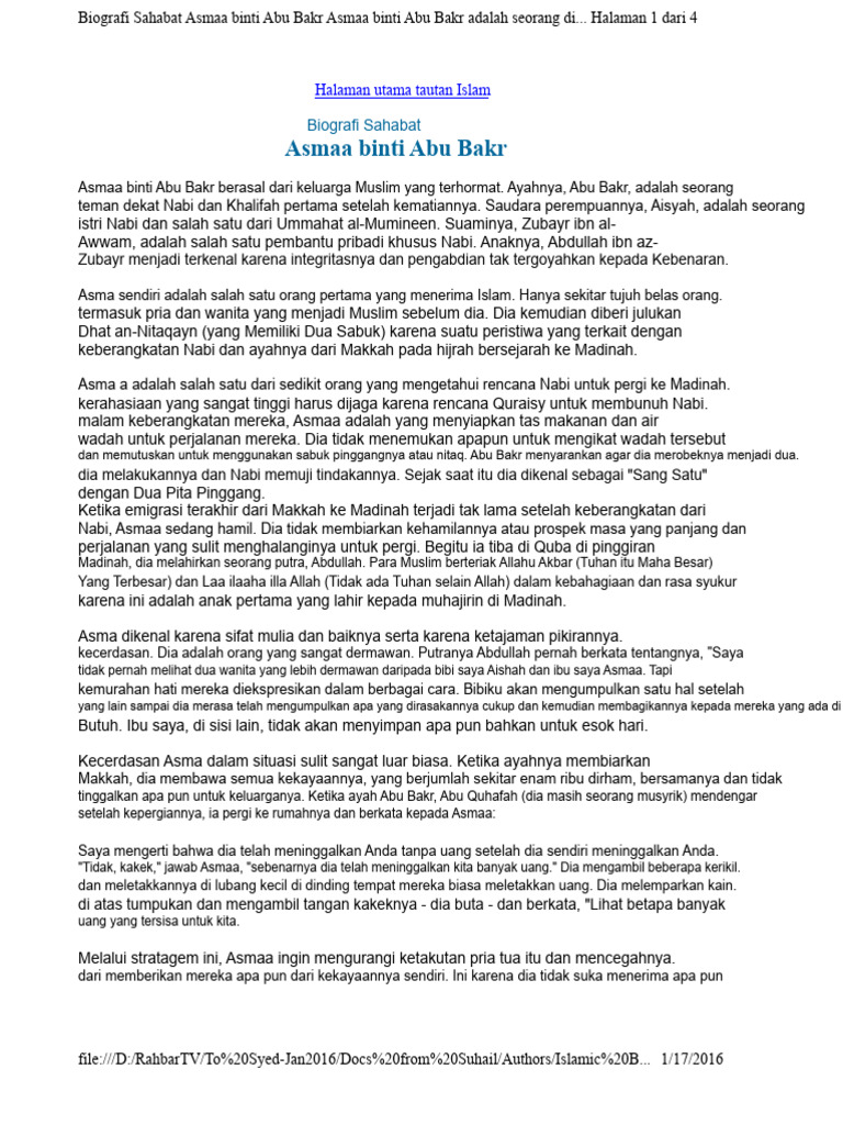 Biografi Asmaa binti Abu Bakr: Sahabat Nabi | PDF