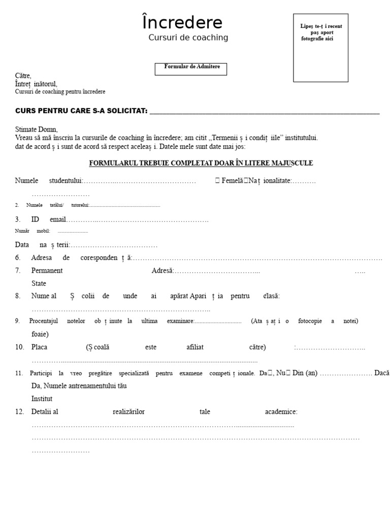 Formular de Admitere | PDF