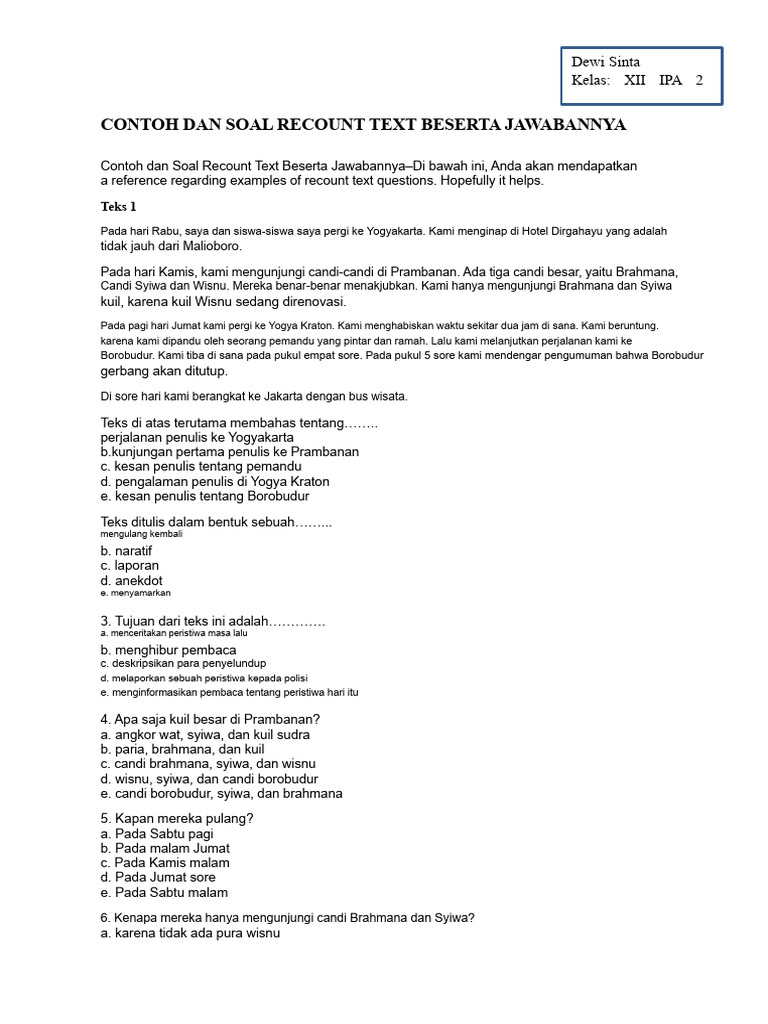 Contoh Soal Recount Text dan Jawaban | PDF