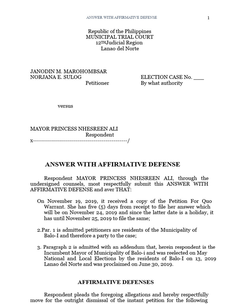 Mayor's Answer with Affirmative Defense | PDF | Affidavit | Practice Of Law