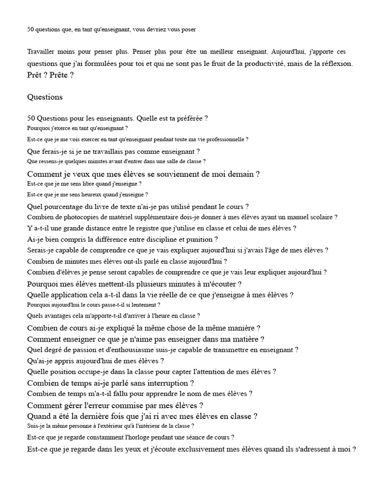 50 Questions Réflexives pour Enseignants | PDF | Apprentissage