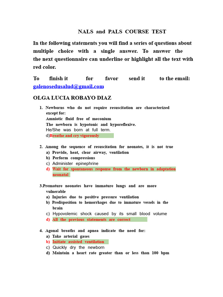 NALS and PALS Course Test Overview | PDF | Cardiopulmonary ...
