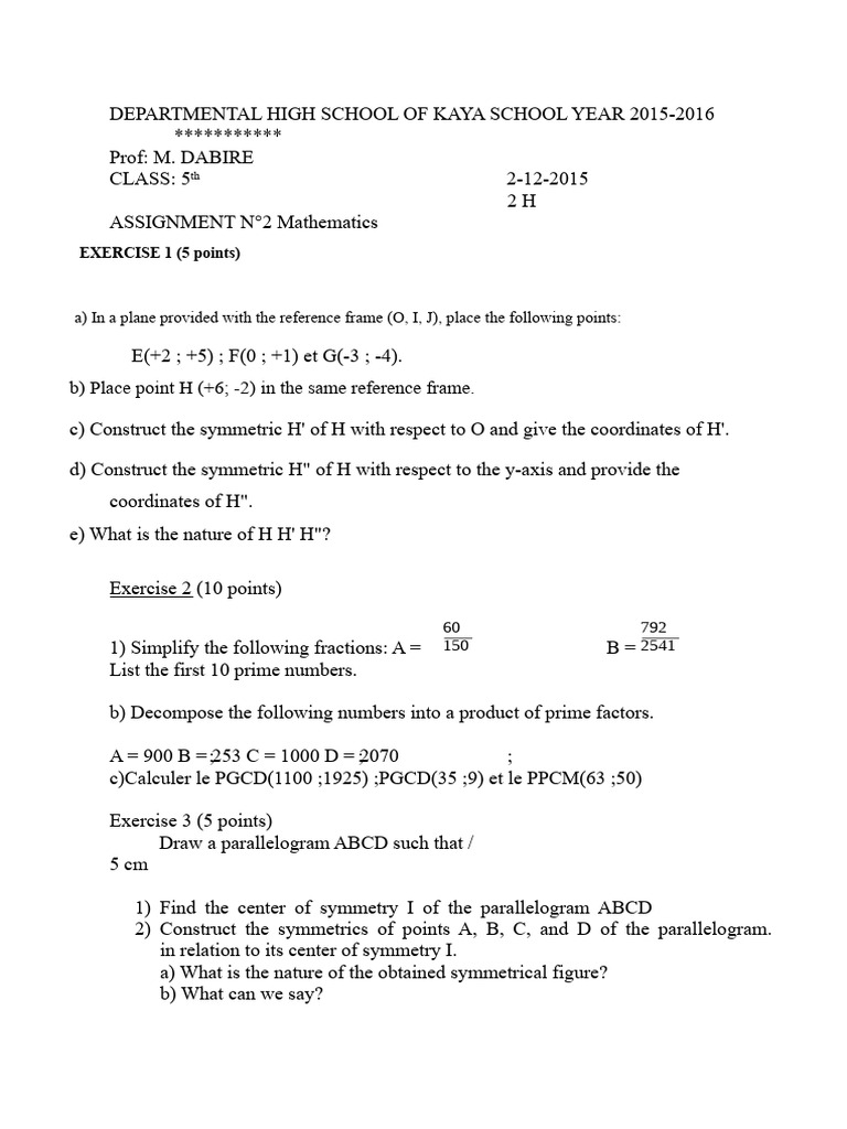 MATHS ASSIGNMENT 5th Grade No. 2 - LCM - GCD - Symmetry - Coordinate ...