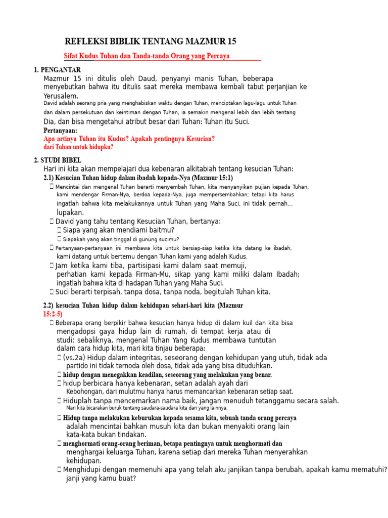 Renungan Alkitab Tentang Mazmur 15 | PDF