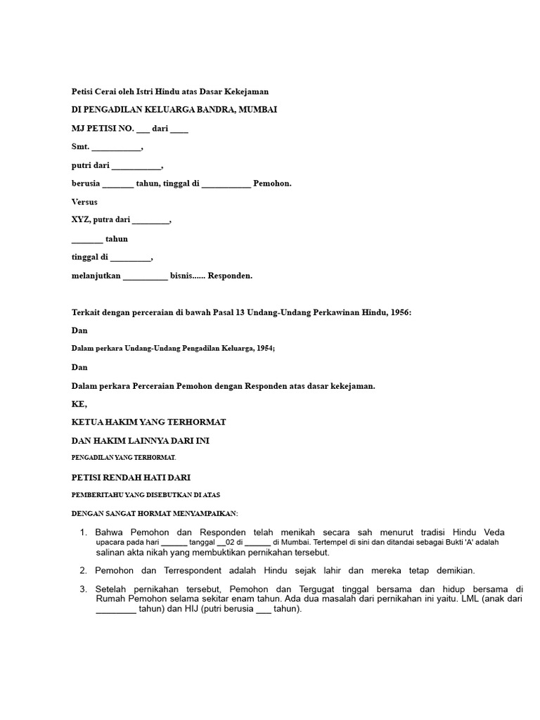 Petisi Perceraian Oleh Istri Hindu Atas Dasar Kekejaman - Contoh | PDF
