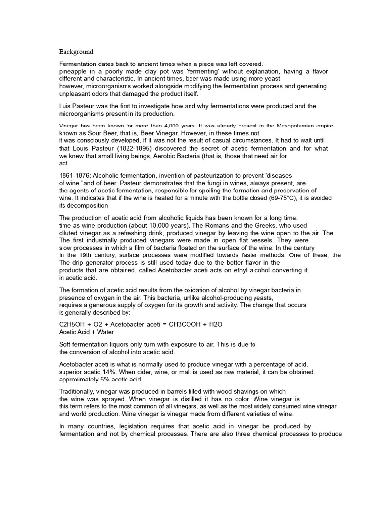 ACETIC FERMENTATION Background | PDF | Acetic Acid | Ethanol