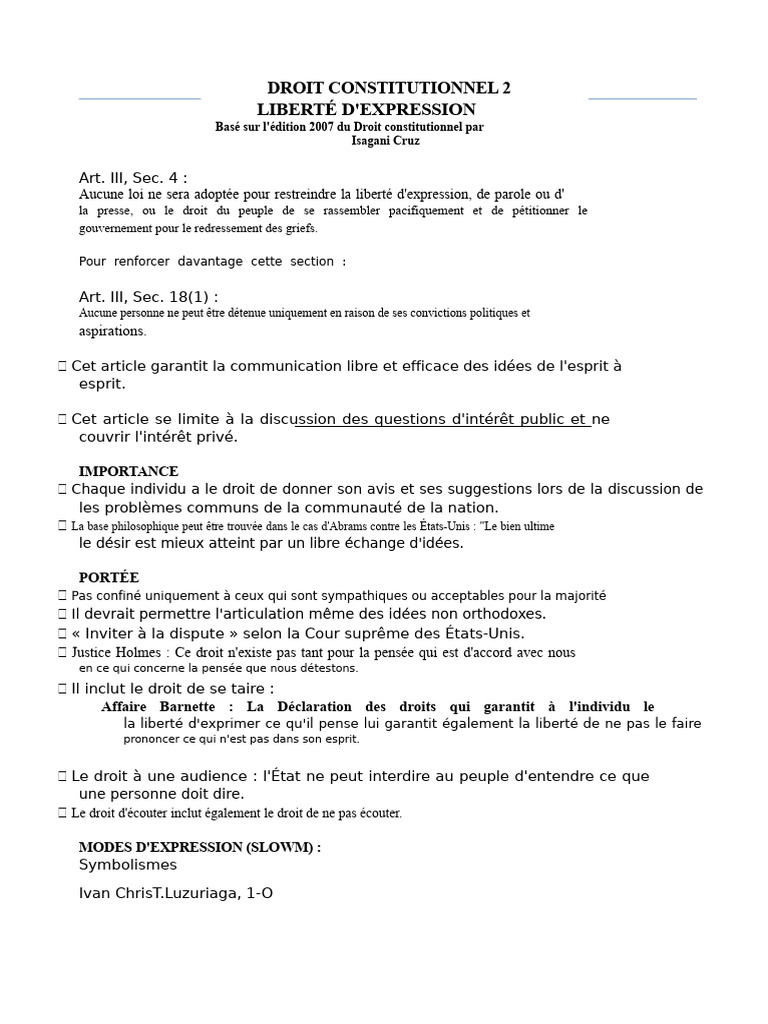 Liberté d'expression en droit constitutionnel | PDF | Liberté d ...