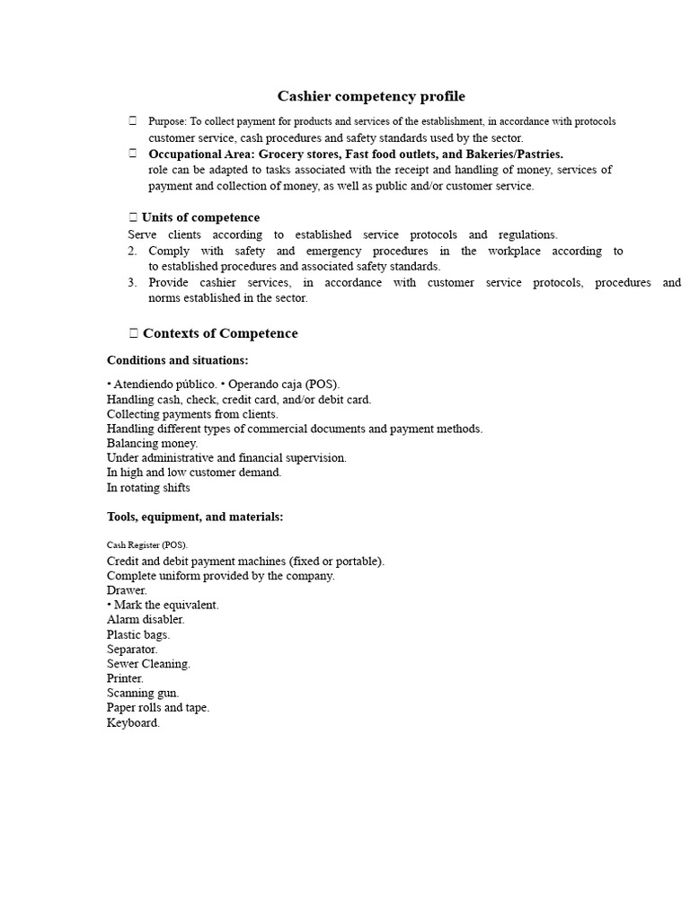Cashier Competency Profile | PDF | Safety | Cash